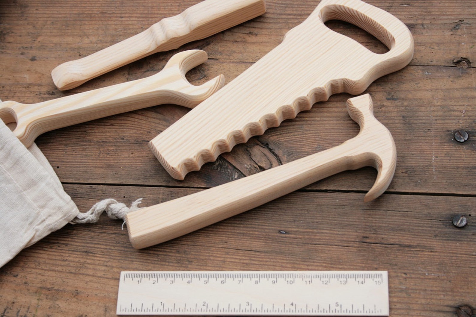 Wooden Kids Tool Set 6pcs, Realistic Kid Tool Set With Toy Cotton Bag ...