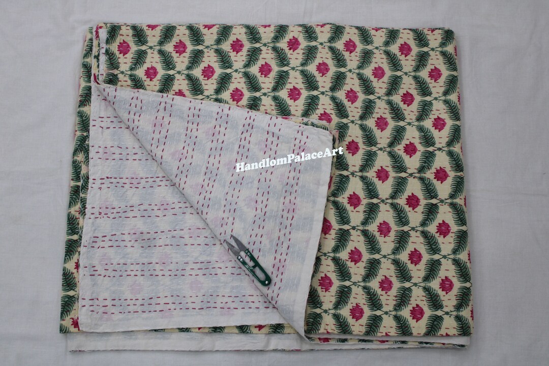 Handmade Indian Kantha Quilt, Floral Print, Kantha Bedspread, Cotton ...