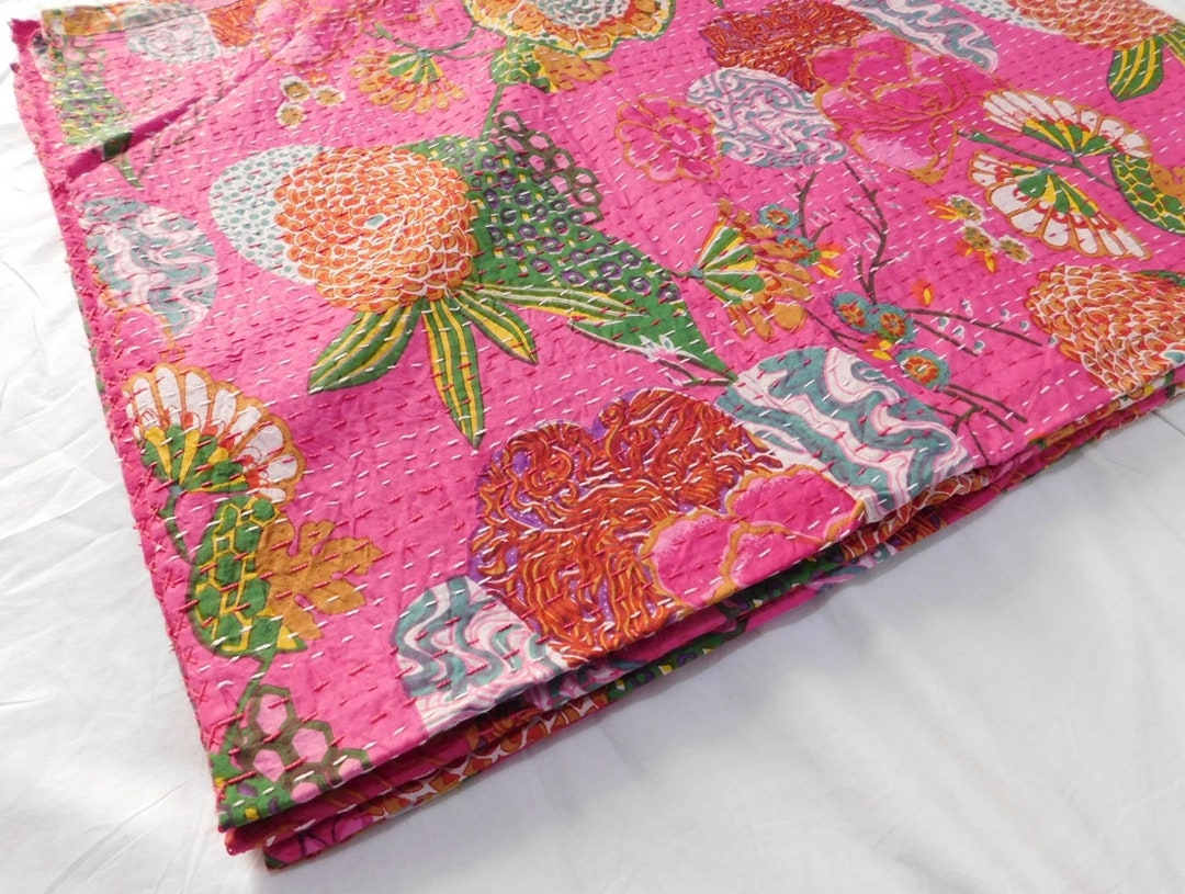 Handmade Indian Kantha Quilt, Fruit Printed, Kantha Bedspread, Cotton ...