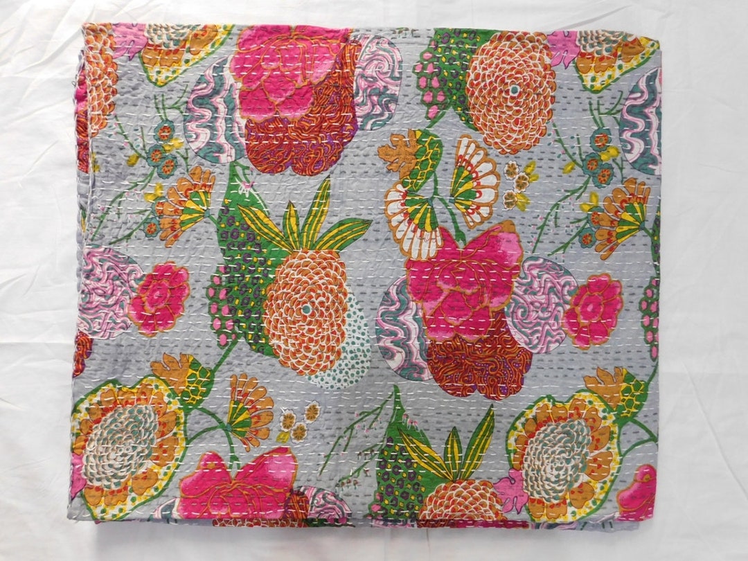 Indian Handmade Kantha Quilt Grey Tropical Kantha Bedspread Indian Bed ...