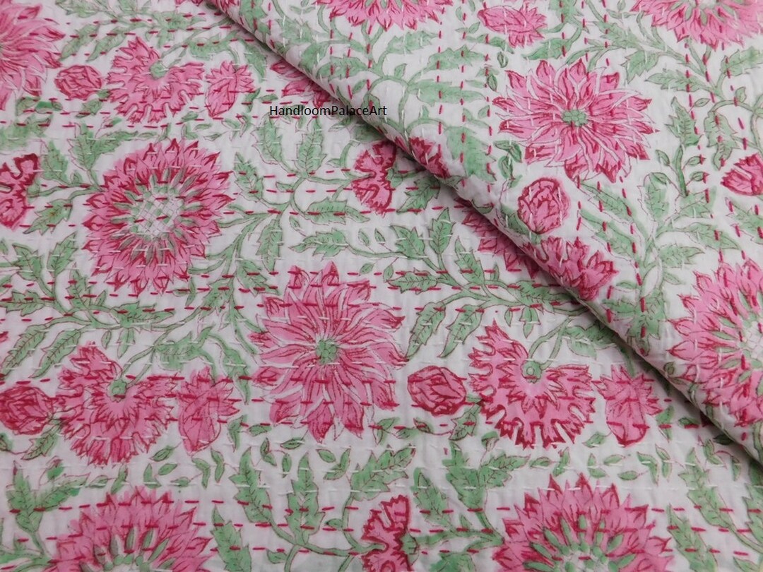 Indian Kantha Quilt Pink Floral Kantha Bedspread Cotton Kantha Throw ...