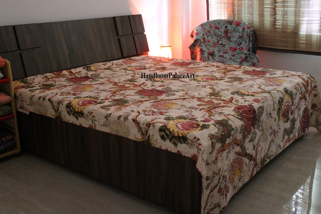 Indian Kantha Quilt Rose Floral Print Kantha Bedspread Cotton Quilt ...