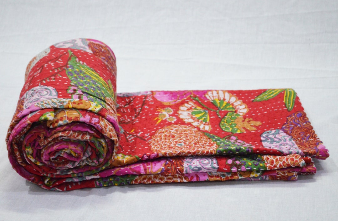 Indian Kantha Quilt, Fruit Print, Kantha Bedspread, Cotton Quilt ...