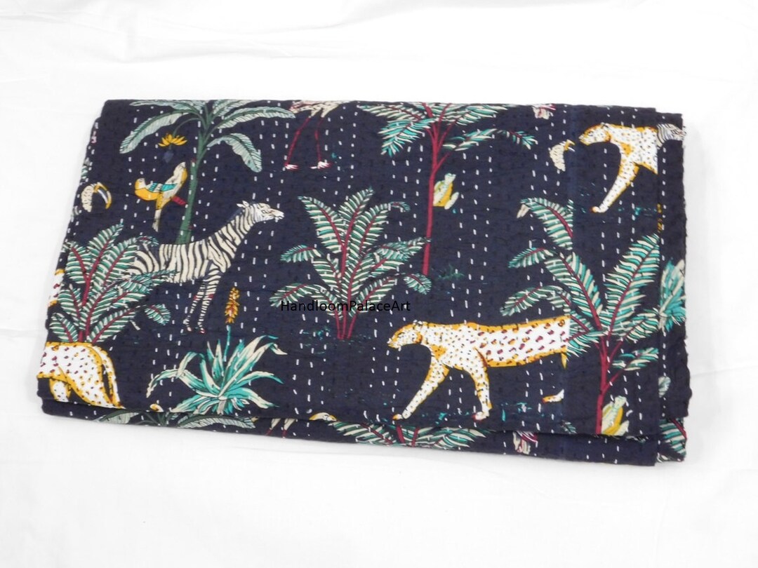 Handmade, Indian Kantha Quilt, Jungle Print, Kantha Bedspread, Cotton ...