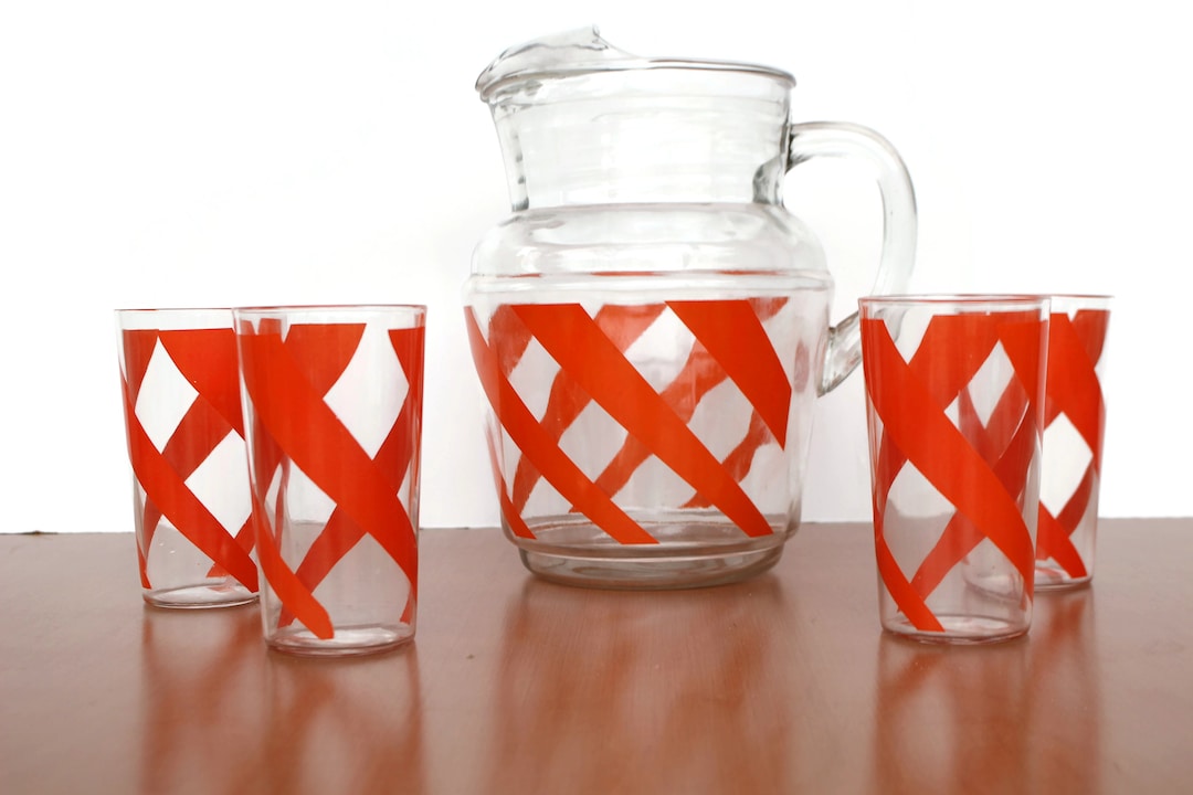 Vintage Pitcher and Cup Set / Orange Swirl Glasses and Pitcher / Mid ...