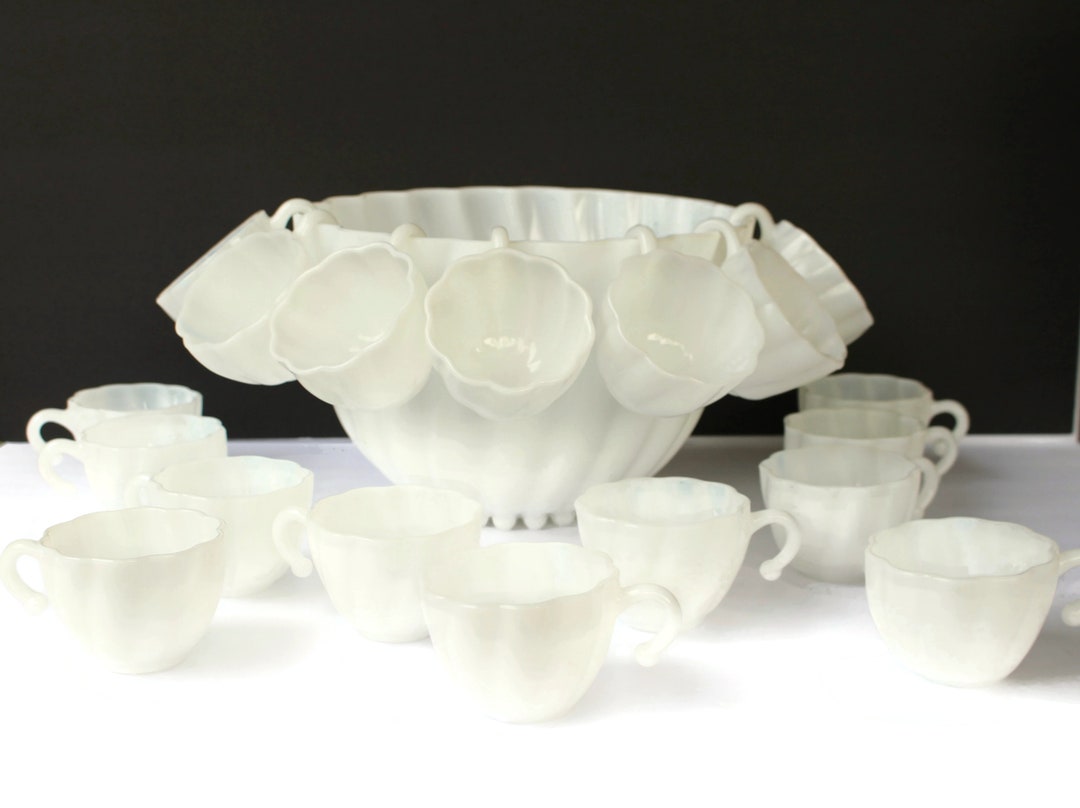 Milk Glass Punch Bowl Set With 18 Glasses / Hazel Atlas Alpine White ...