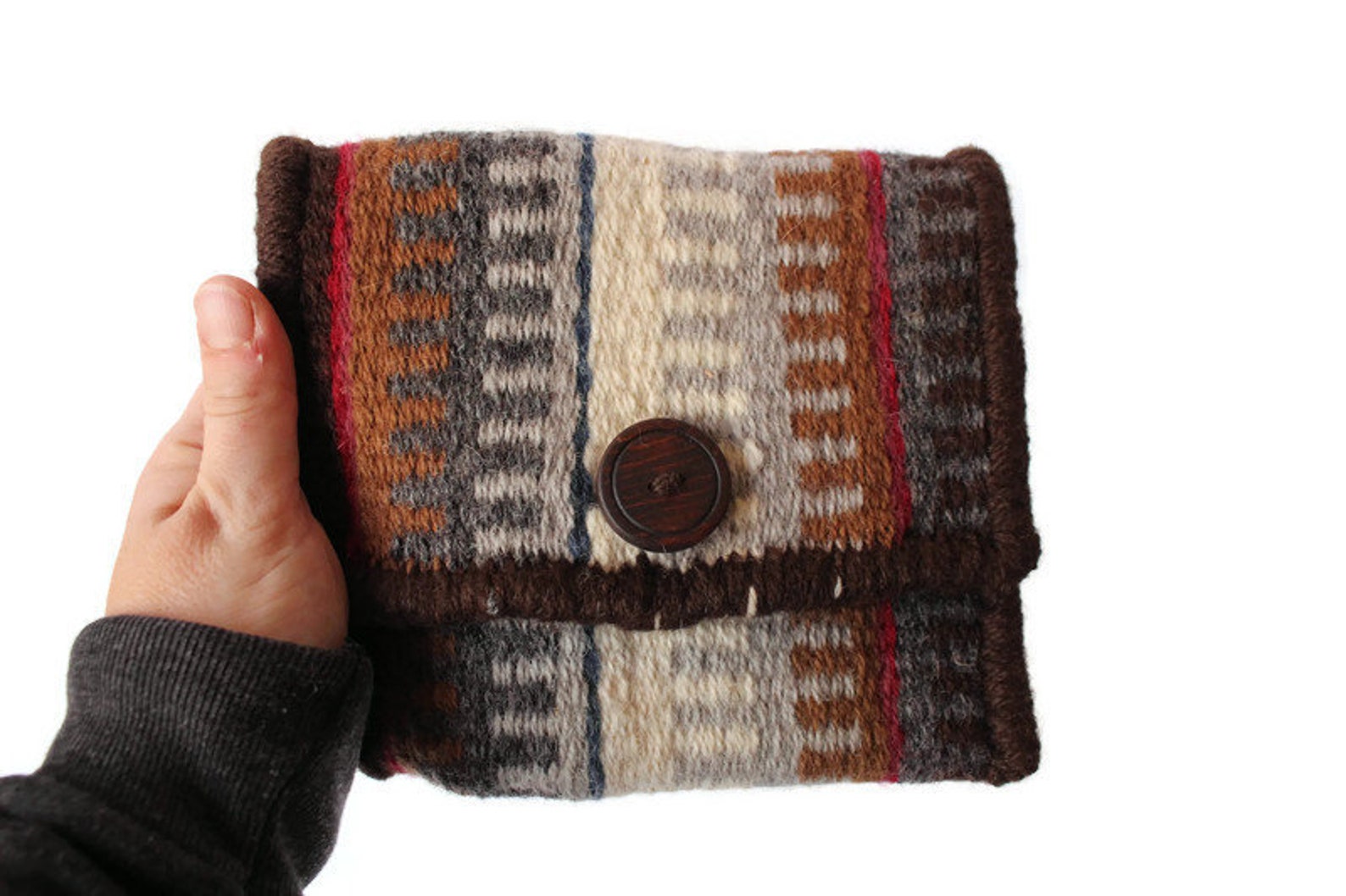 Vintage Woven Wool Wallet / Handwoven Wool Coin Purse With Wooden ...