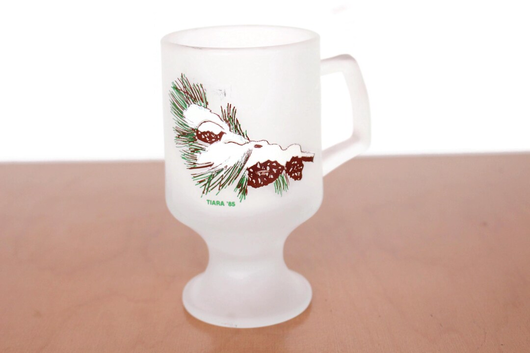 Vintage Tiara Frosted Mug / Winter 1985 Footed Glass Mug With Snow and ...