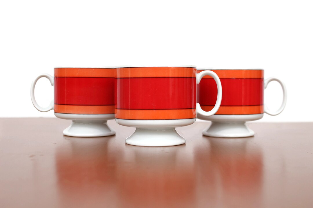3 Vintage Red and Orange Footed Mugs / Red and Orange Banded Pedestal ...
