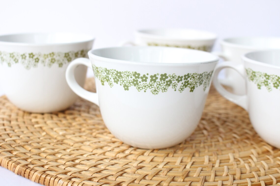 5 Corelle Spring Green Mugs / Crazy Daisy Teacups / White | Etsy