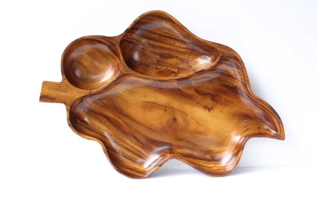 Vintage Monkey Pod Wood Leaf Tray: Mid Century Sectioned Serving Dish ...