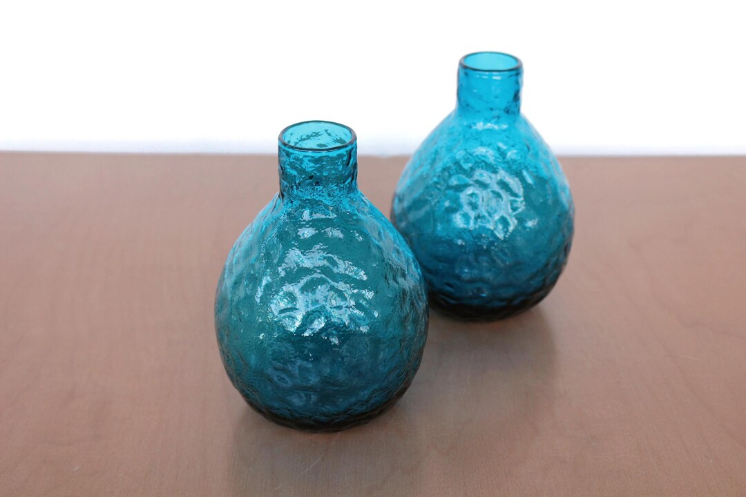 2 Vintage Turquoise Blue Glass Vases / Textured Glass Bud Vases ...