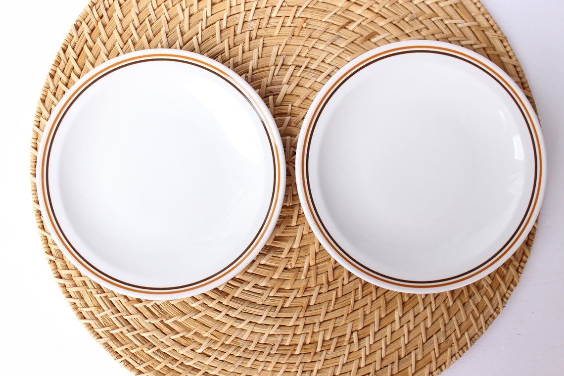 2 Corning Plates / Dessert Plates With Brown Orange Bands / | Etsy