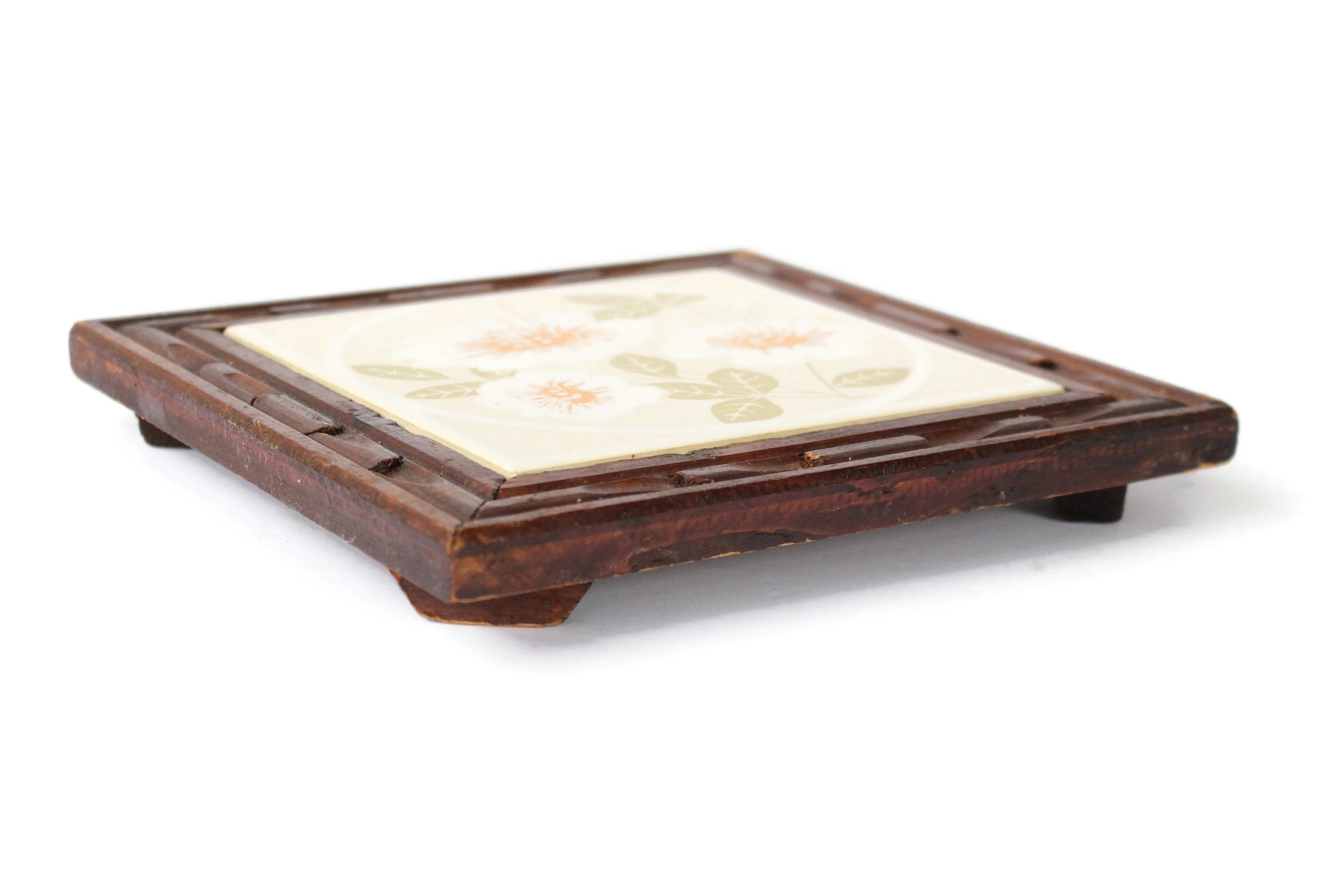 Framed Italian Tile Trivet / Floral Ceramic Tile / Wood and - Etsy