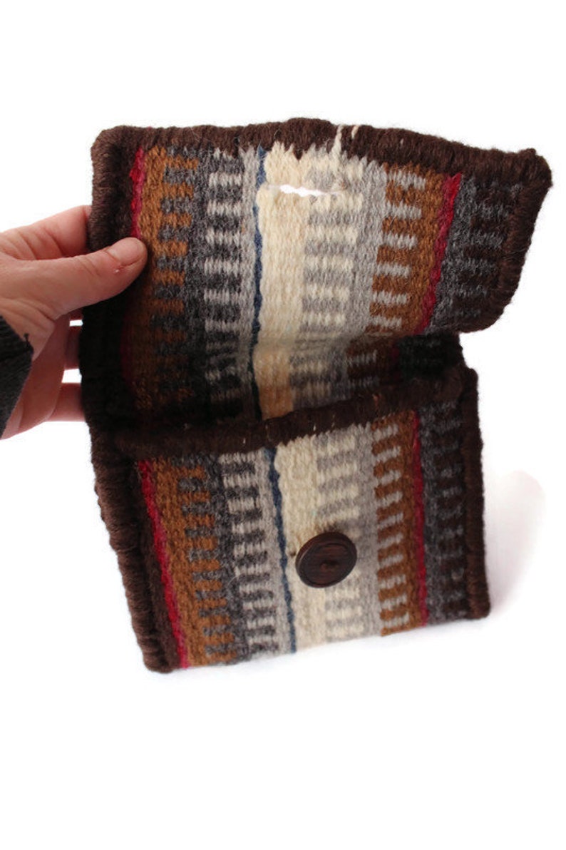 Vintage Woven Wool Wallet / Handwoven Wool Coin Purse With Wooden ...