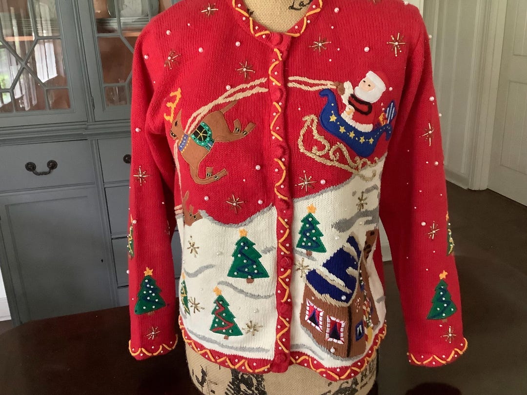 Vintage Christmas Cardigan With Santa,sleigh,reindeer’s ,gingerbread ...