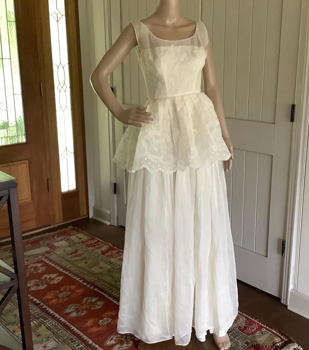 Rare 1950s Ceil Chapman Ivory Gown – Illusion Neckline, Peplum Waist ...