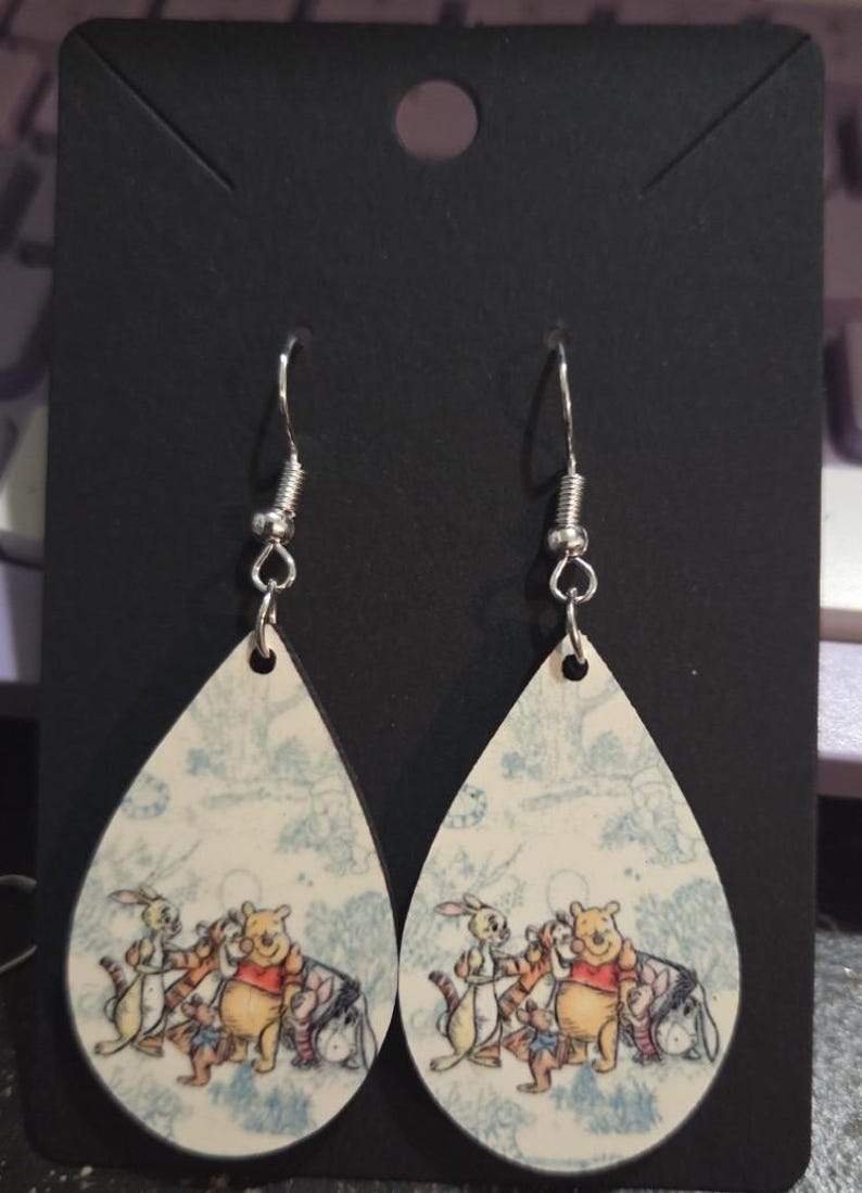 Winnie the Pooh Earrings, Teardrop Wood Dangle Jewelry, Hypoallergenic ...