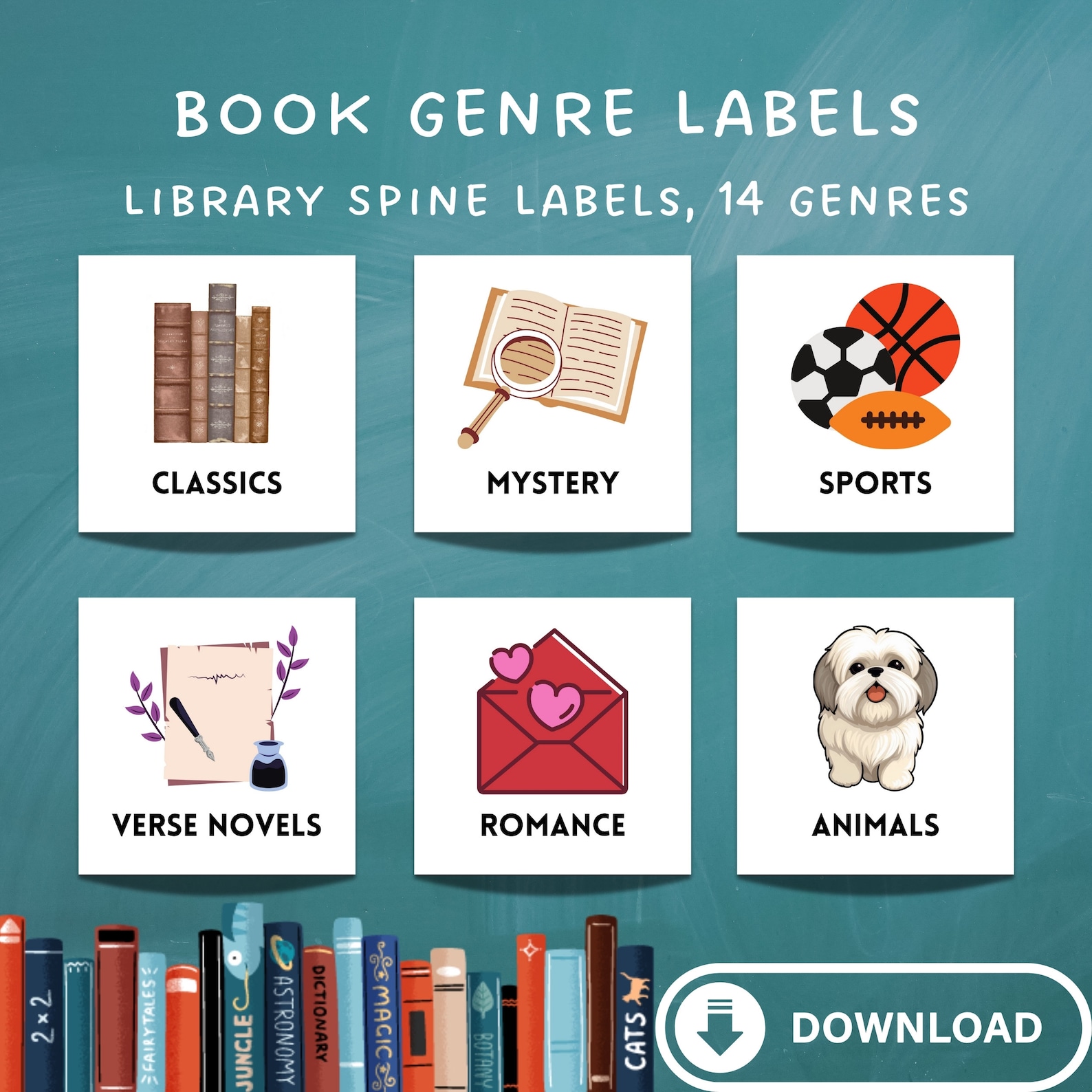 Library Book Spine Labels Printable Fiction Genre Icons Stickers for ...