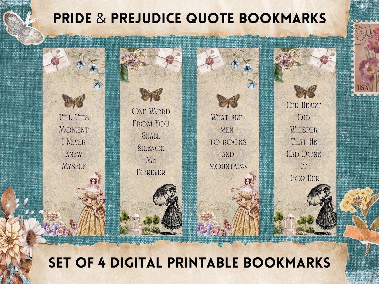 Pride and Prejudice Printable Bookmarks Set of 4 Jane Austen Quote ...