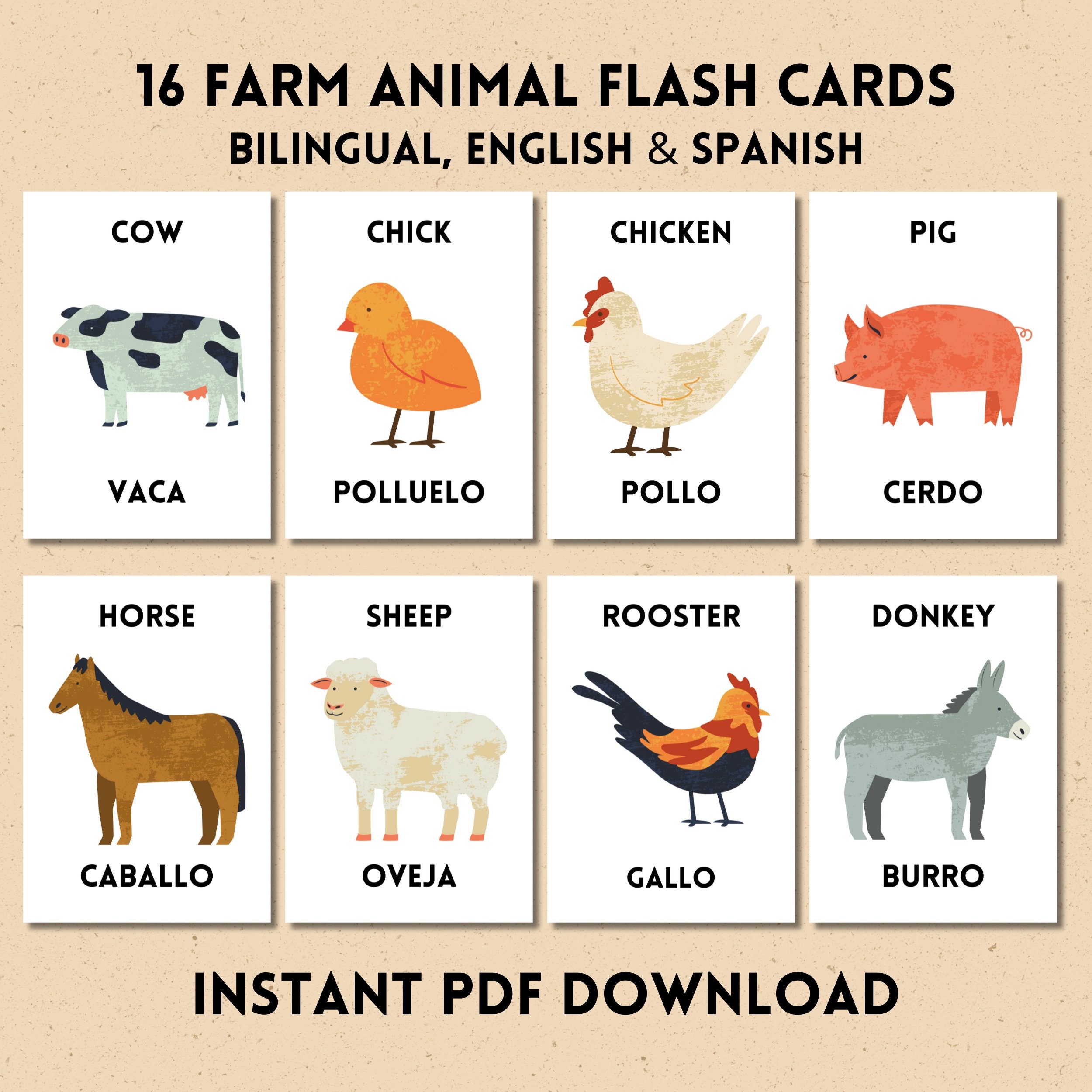 Bilingual Flashcards ESL Animal Cards Spanish & English Learning Tools ...