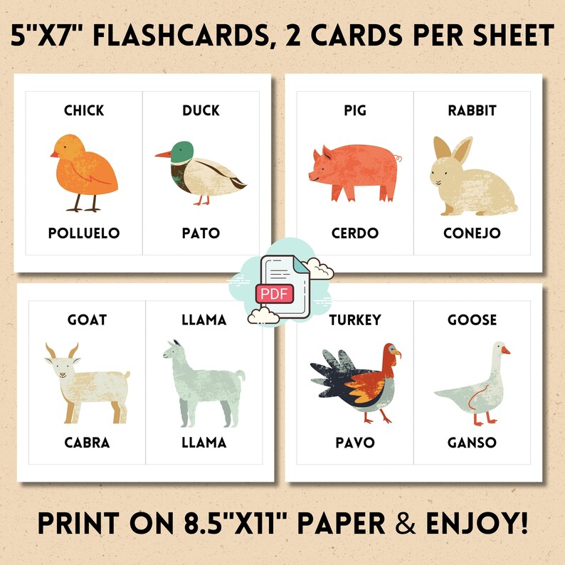Bilingual Flashcards ESL Animal Cards Spanish & English Learning Tools ...