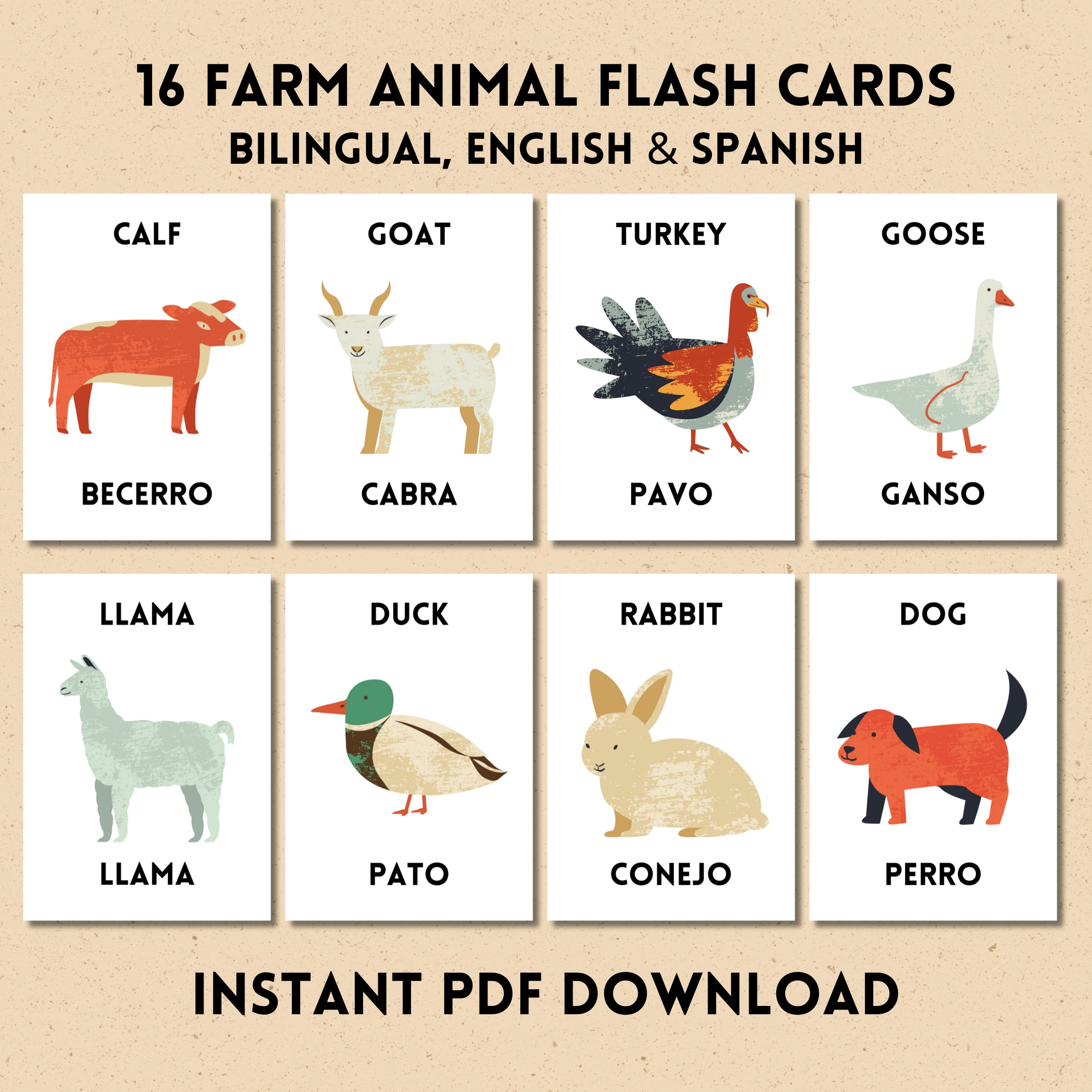 Bilingual Flashcards ESL Animal Cards Spanish & English Learning Tools ...