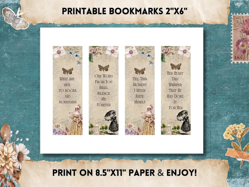 Pride and Prejudice Printable Bookmarks Set of 4 Jane Austen Quote ...