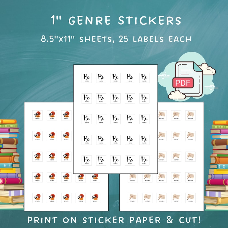 Library Book Spine Labels Printable Fiction Genre Icons Stickers for ...