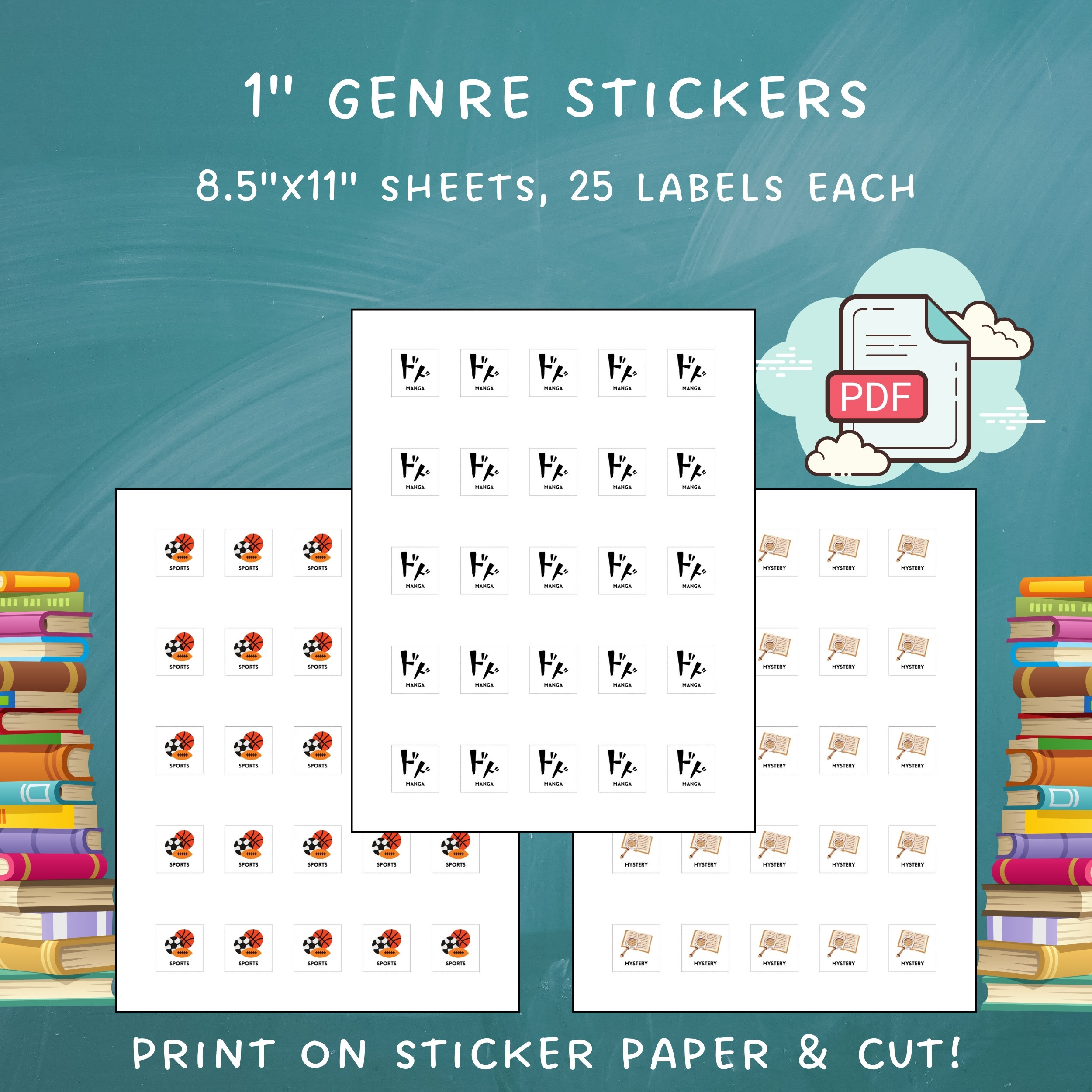 Library Book Spine Labels Printable Fiction Genre Icons Stickers for ...