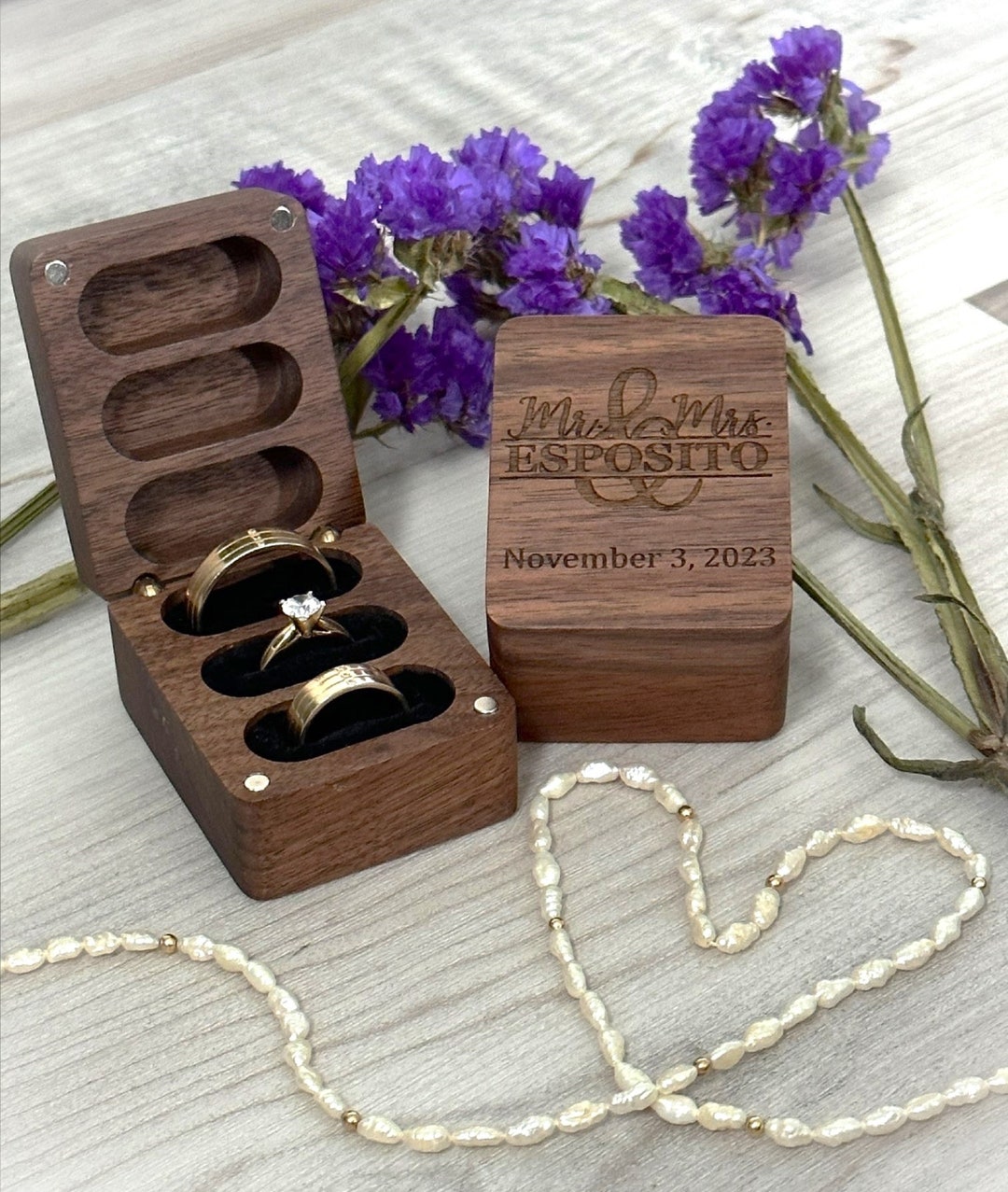Custom Engagement Ring Box | Triple Slot Wood Velvet Ring Box ...