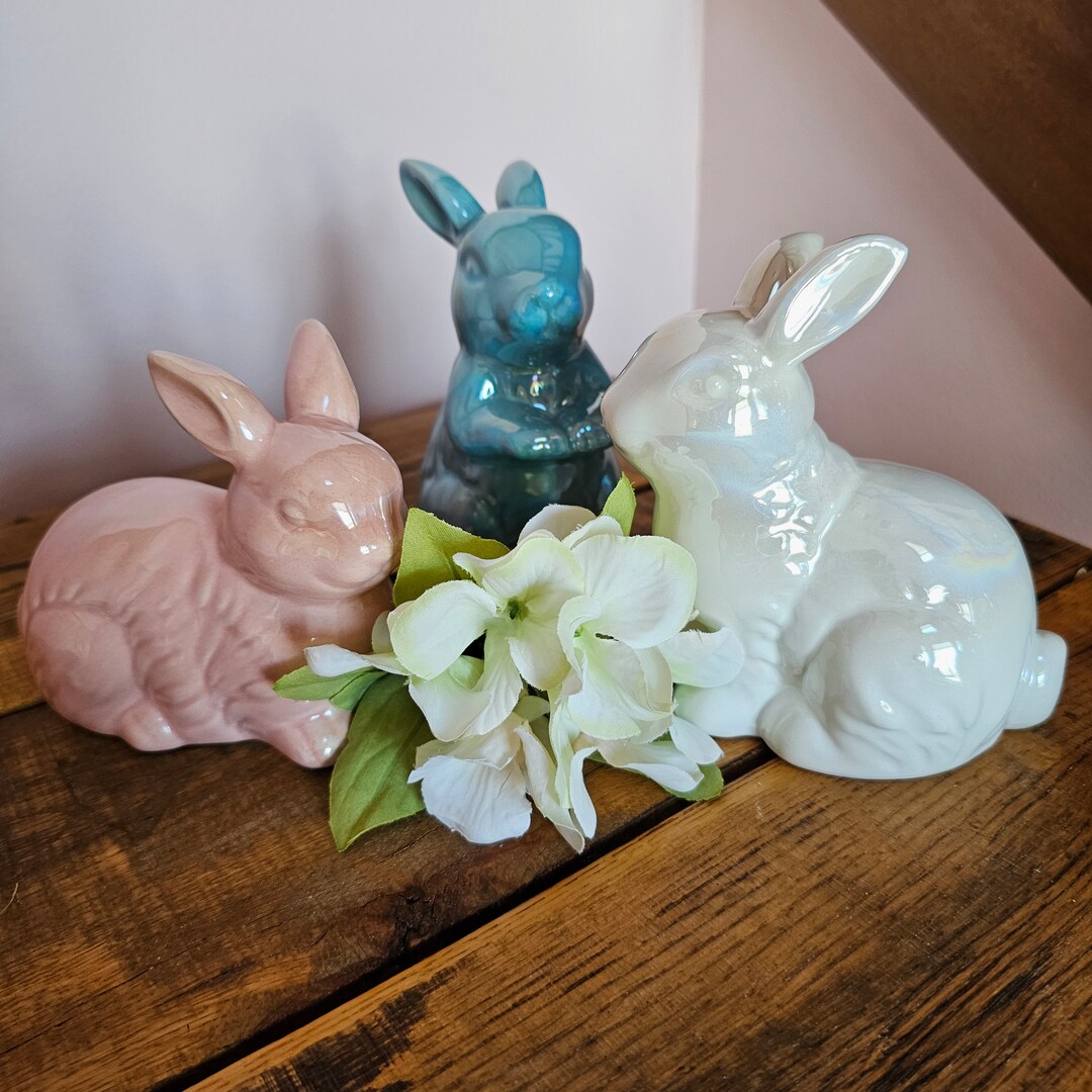 Pink, Blue or White Iridescent Bunny Figurines, Easter Bunny, Pink ...