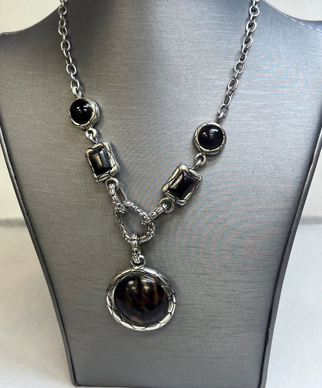 SS Dark Colored Glass Pendant Chain Necklace 41.2g 18'' Diameter - 30mm ...