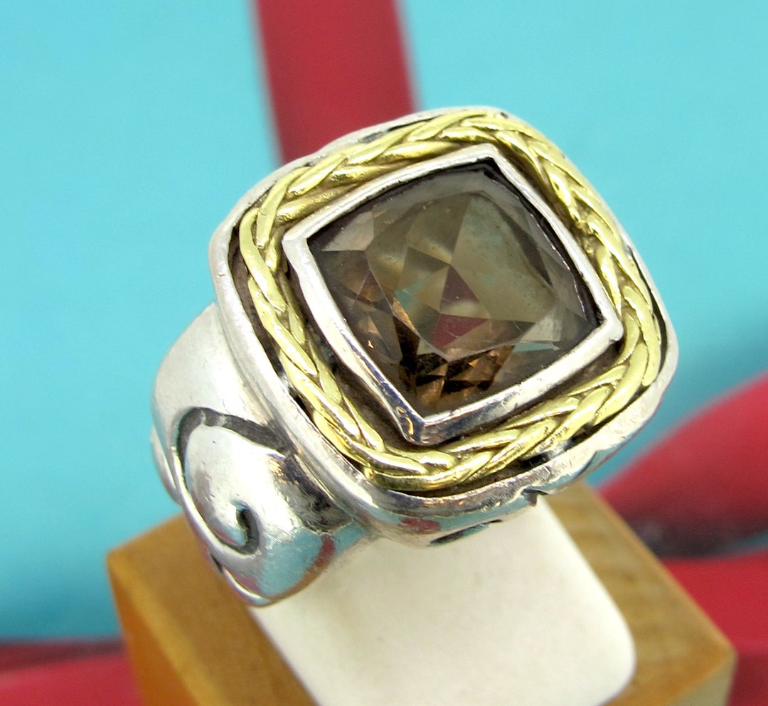 Vintage Designer ZINA 18k Gold & Sterling Silver Smoky Quartz Ring Size ...