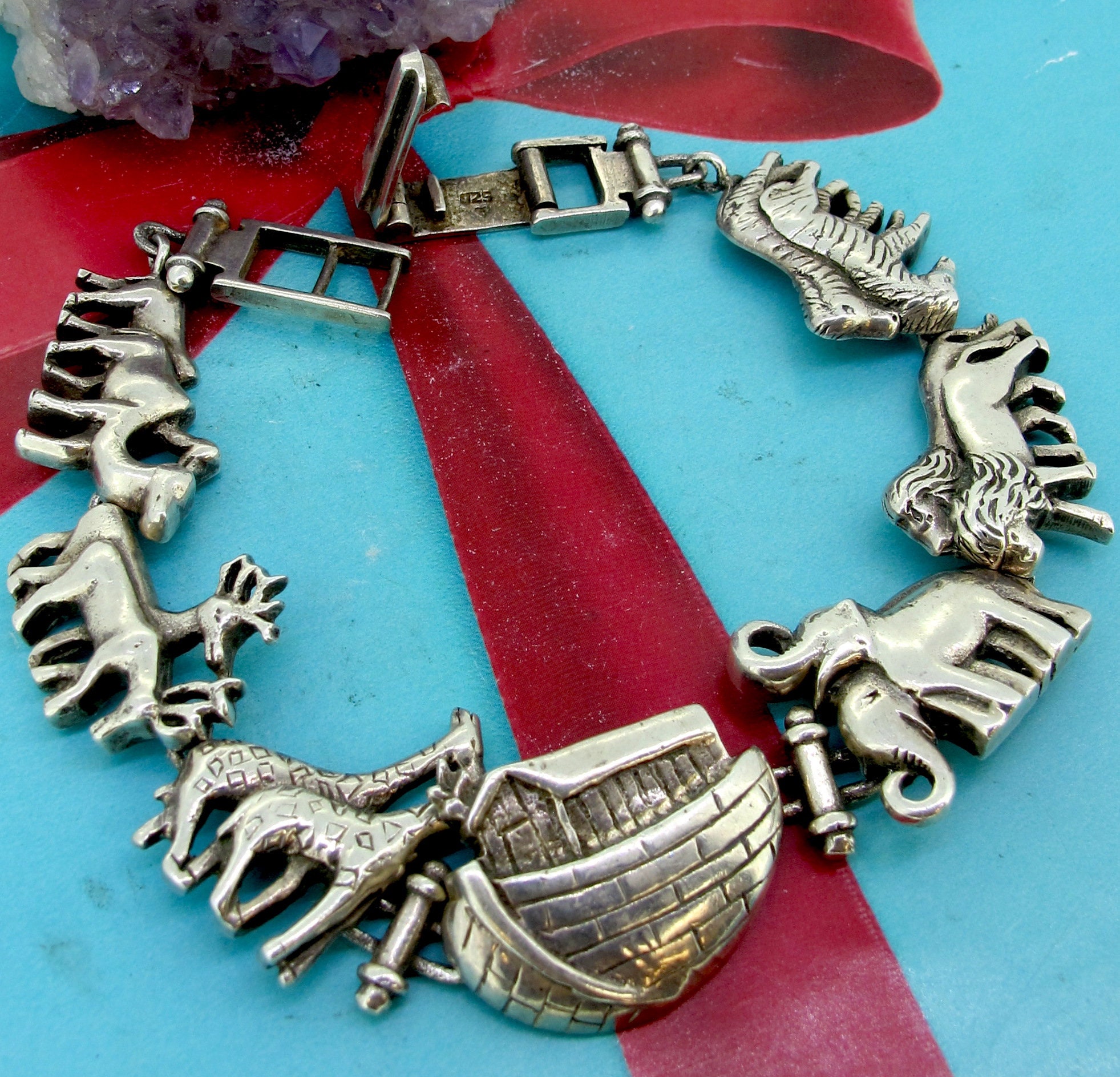 Vintage Noahs Ark .925 Sterling Silver Ark & Animal Link Bracelet 7 1/2 ...