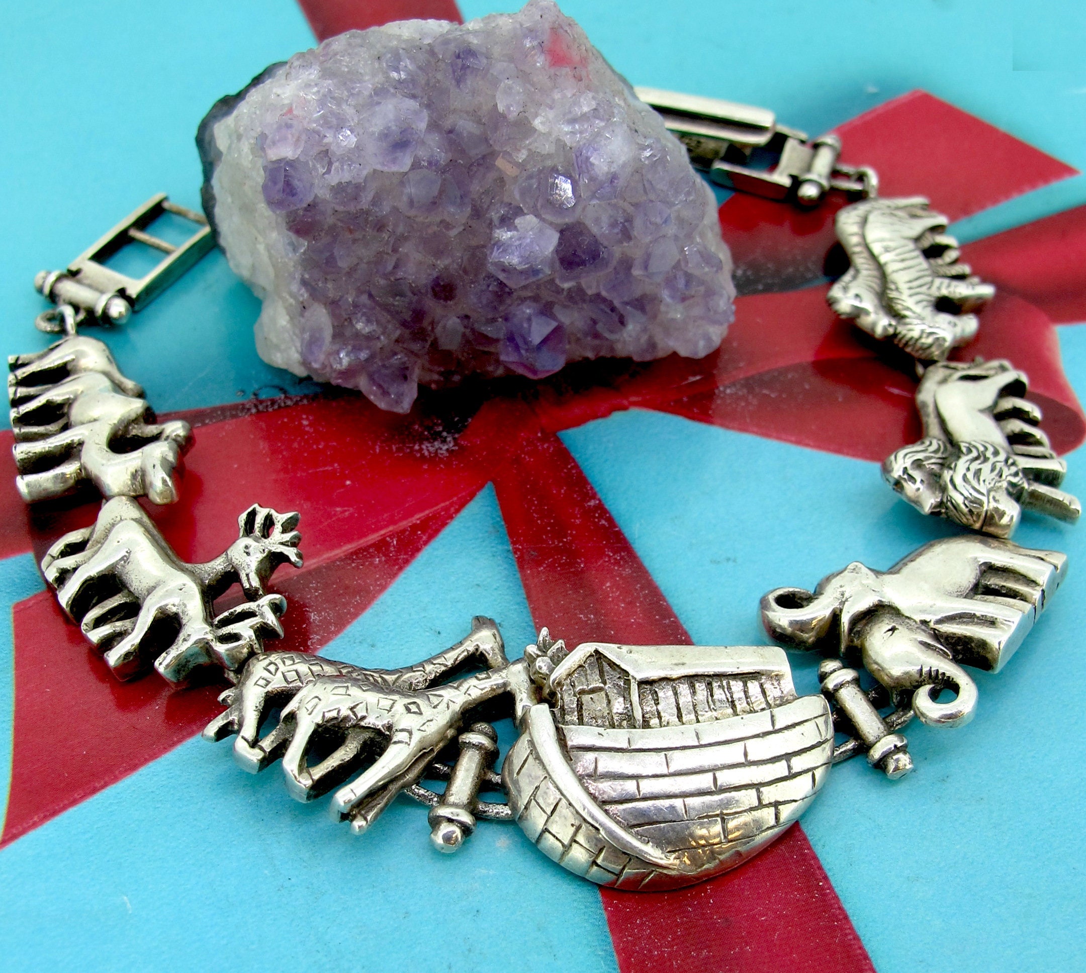 Vintage Noahs Ark .925 Sterling Silver Ark & Animal Link Bracelet 7 1/2 ...