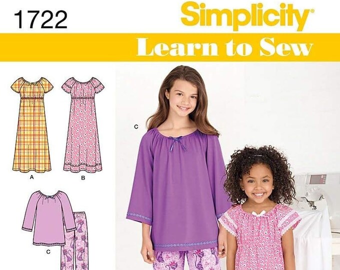 S1722 Simplicity 1722 Sewing Pattern Girls Learn to Sew Loungewear Pjs ...