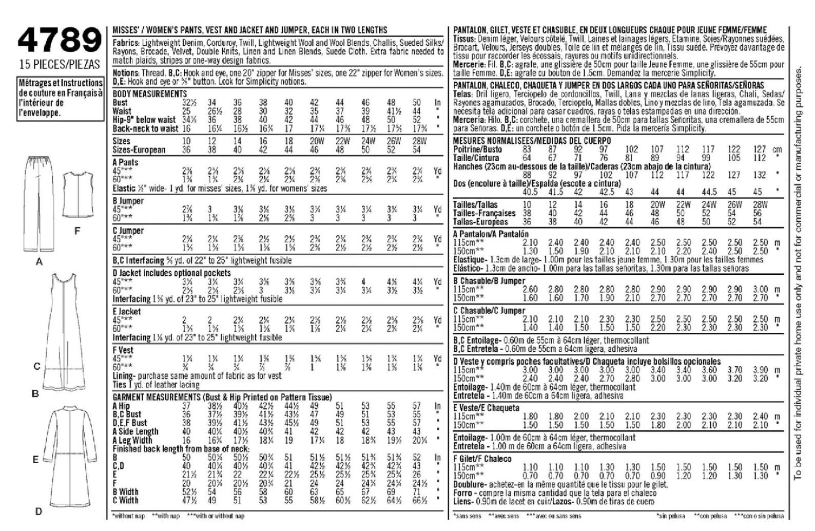 Uncut Sewing Pattern Easy to Sew Pants, Vest, Jacket, Jumper Simplicity ...