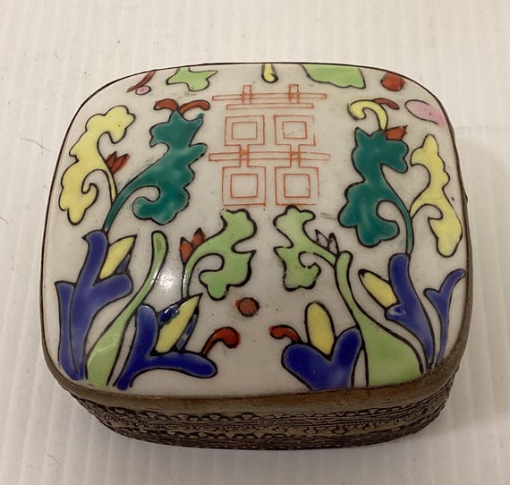 Antique Chinese Shard Box Porcelain Silver Plated Box… - Gem