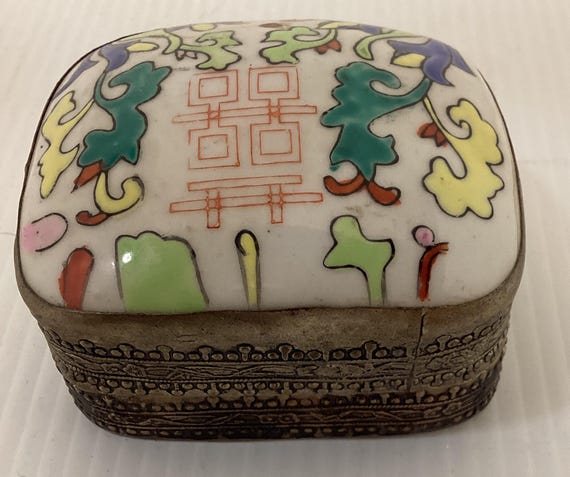 Antique Chinese Shard Box Porcelain Silver Plated Box… - Gem
