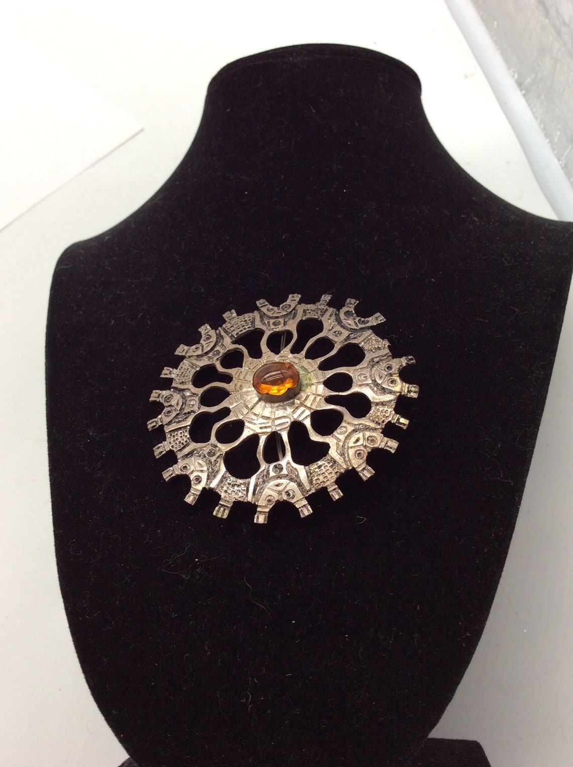 Vintage Large Ecuador Incan Design 900 Silver Amber Stone - Etsy