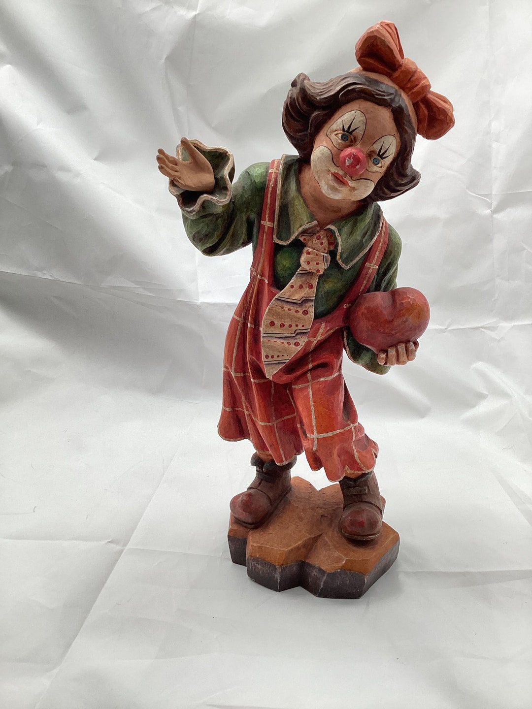 Girl Clown With Heart in Hand Statue Wood Carving 16.5” Tall Folk Art ...
