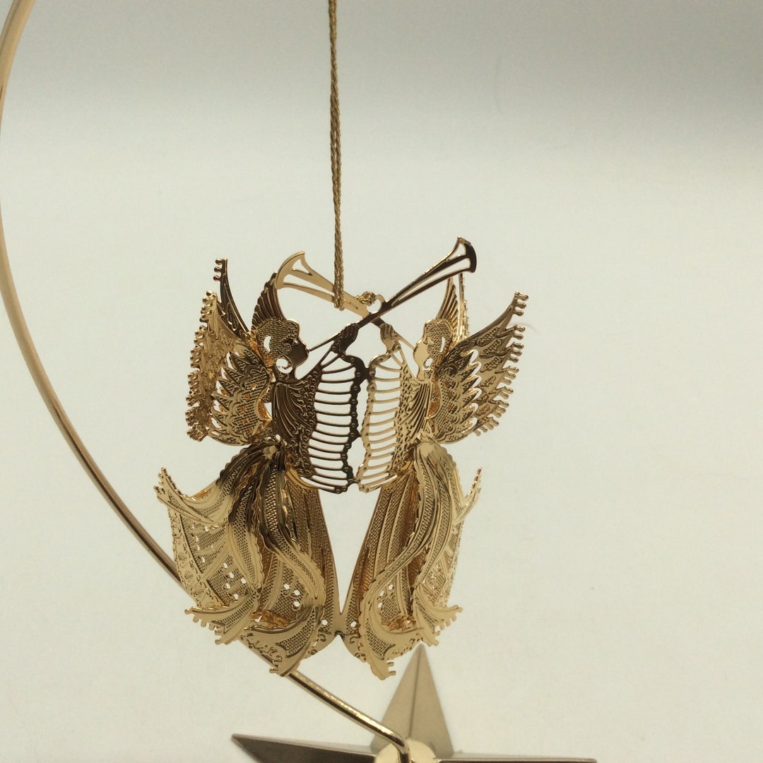 Danbury Mint Christmas Ornament 23k Gold Plated Two Angels W/trumpets ...