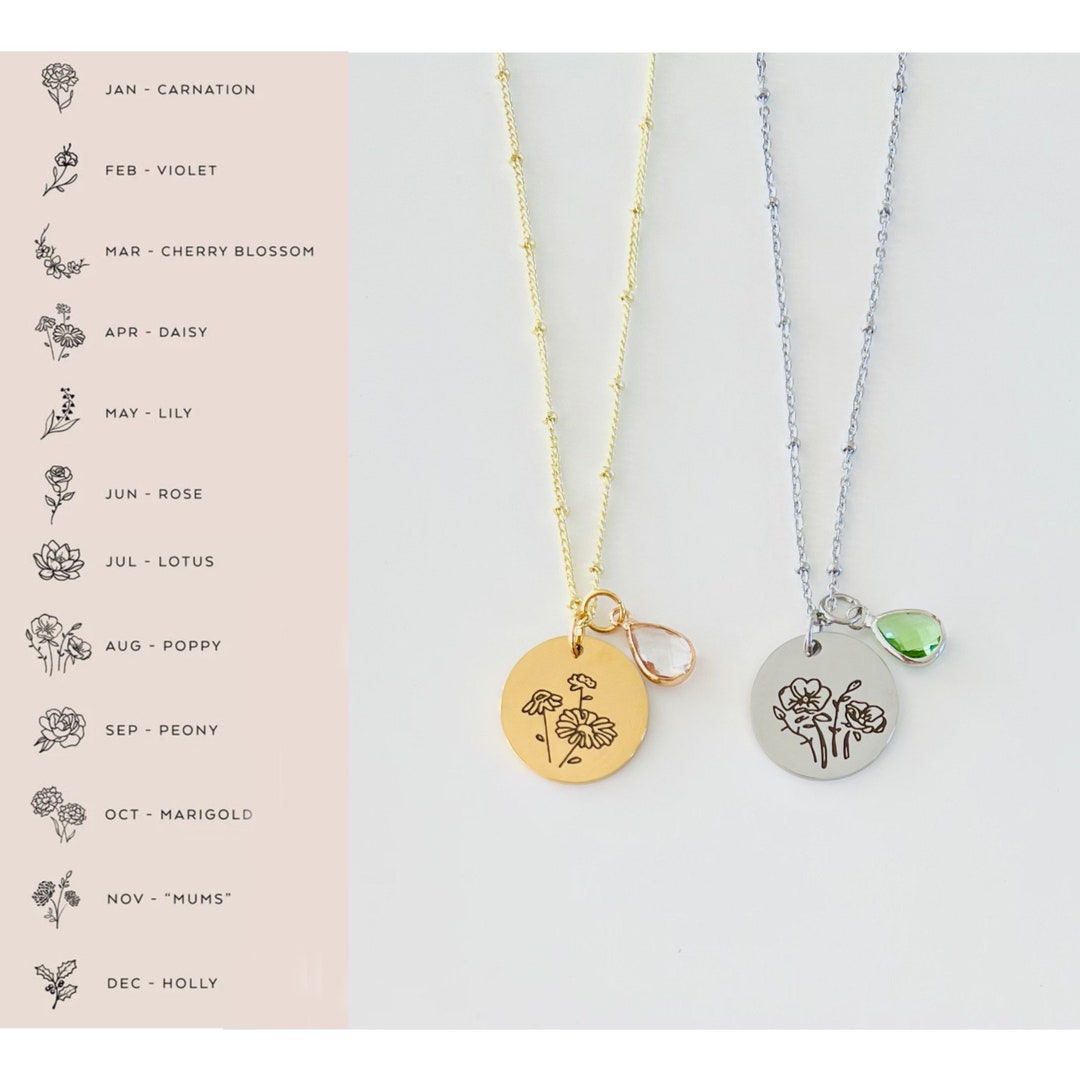 Birth Flower Necklace: Personalized Birthstone Jewelry, Mom Gift Silver ...