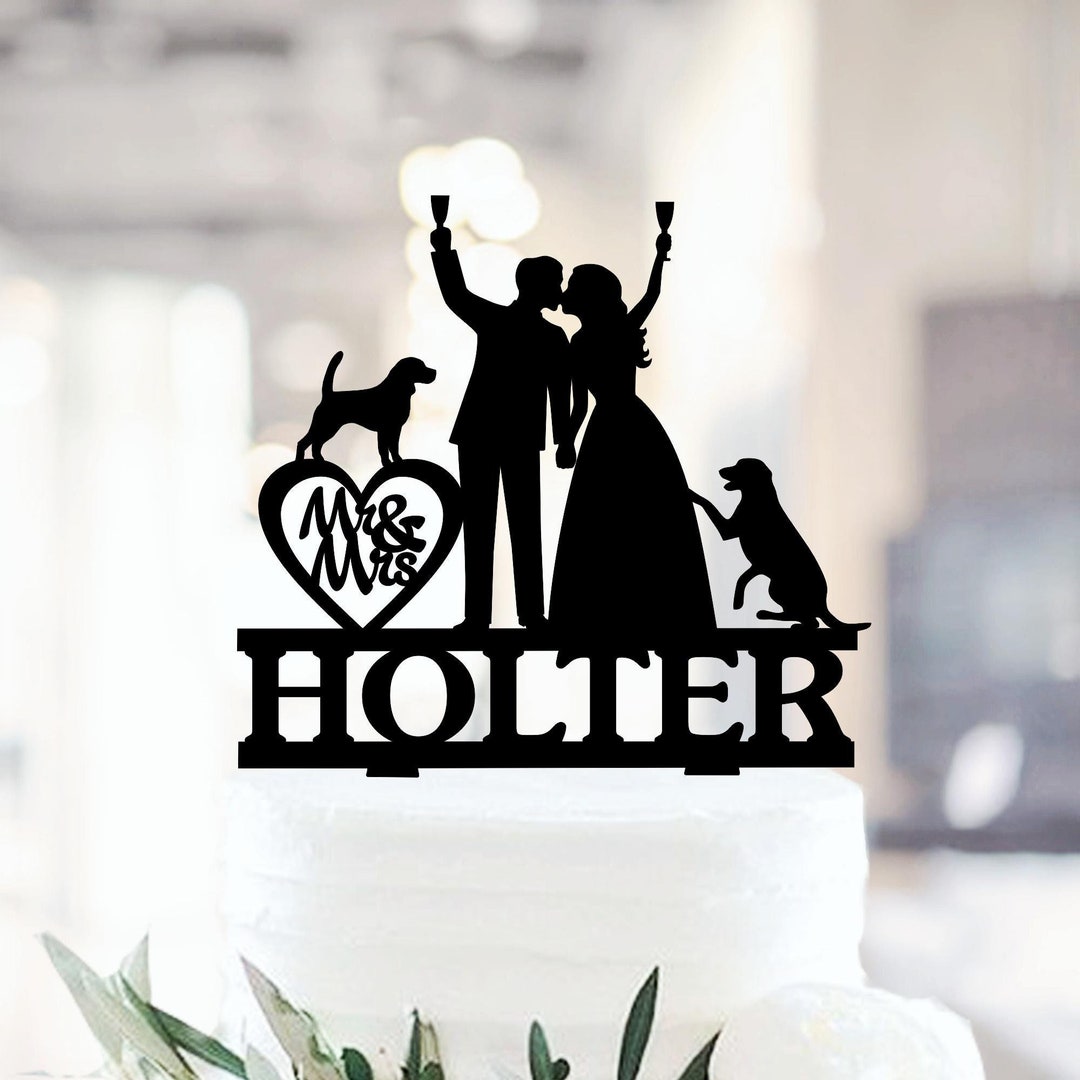 Bride and Groom Wedding Cake Topper With Dogs, Cake Toppers With 2 Dogs ...
