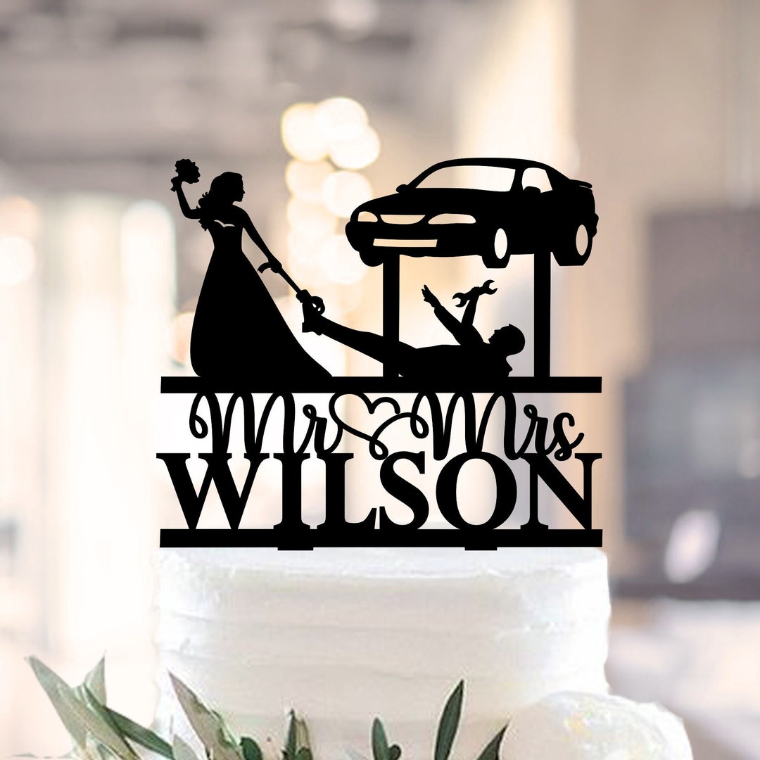 Mechanic Wedding Bride Dragging Groom Cake Topper, Mr and Mrs Cake ...