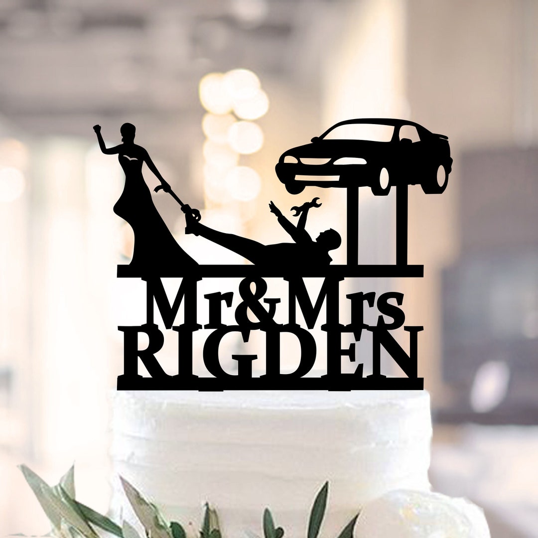 Mechanic Wedding Bride Dragging Groom Cake Topper, Mr and Mrs Cake ...