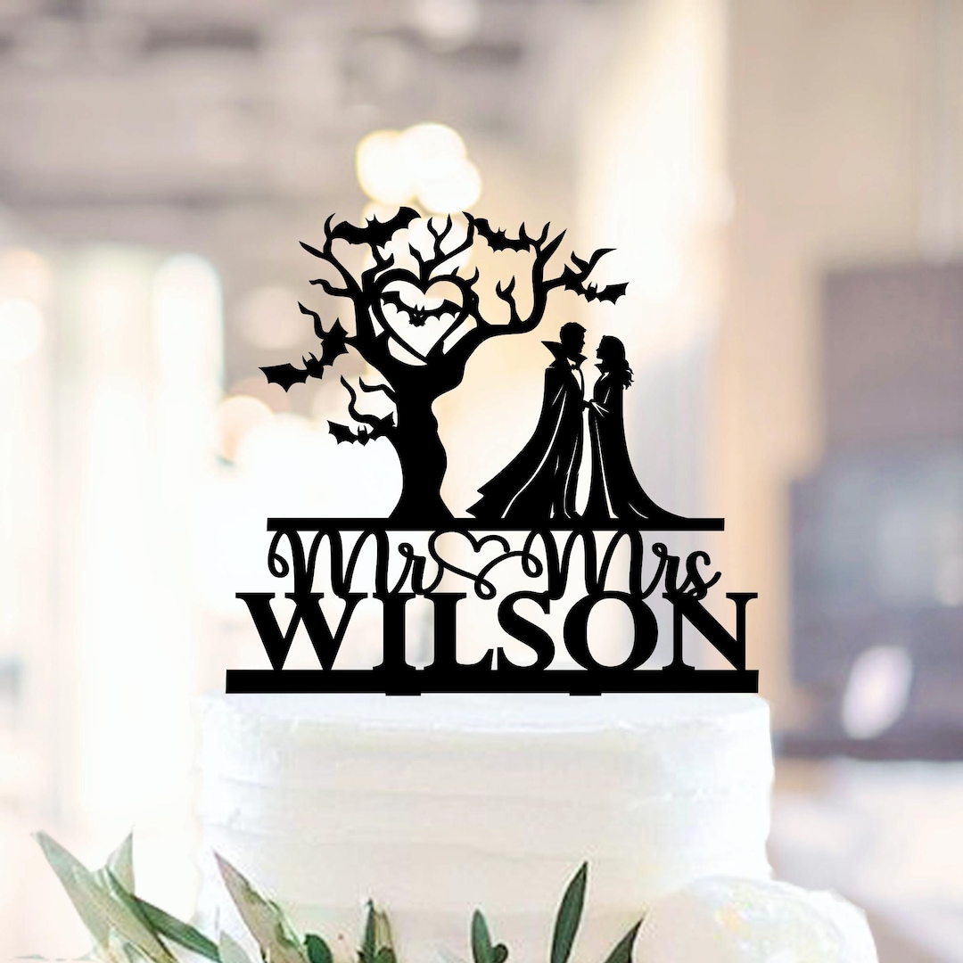 Black Gothic Wedding Cake Topper With Bats and Silhouettes of Vampires ...