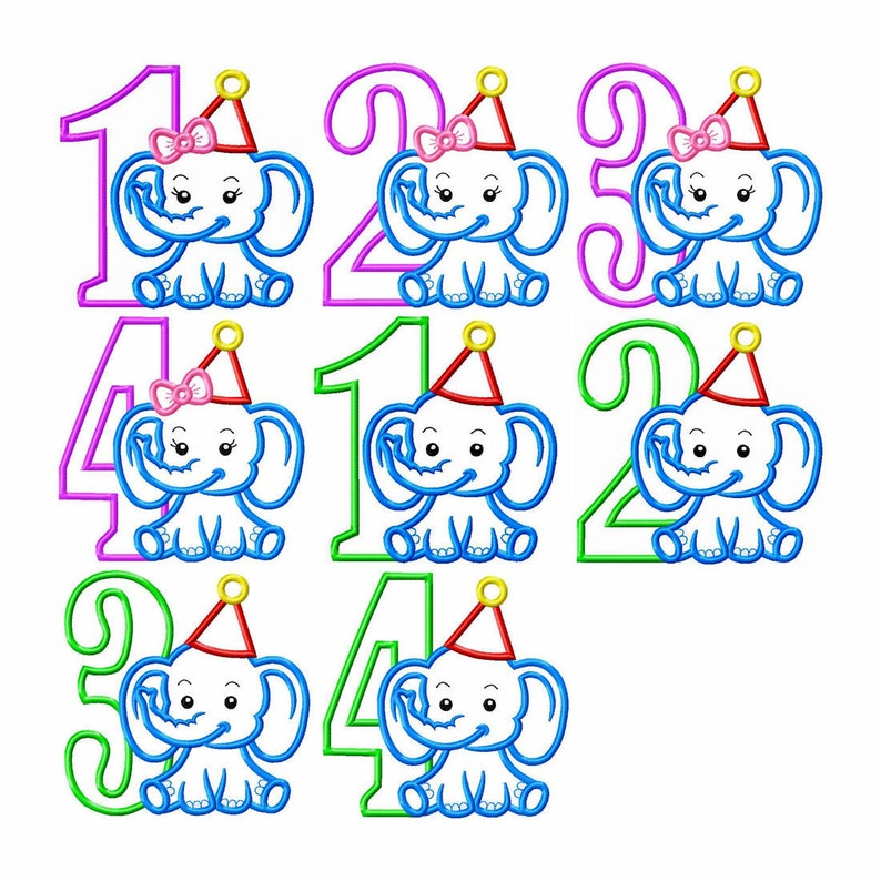 Birthday Elephant Number 1-4 Embroidery Applique Design for - Etsy ...