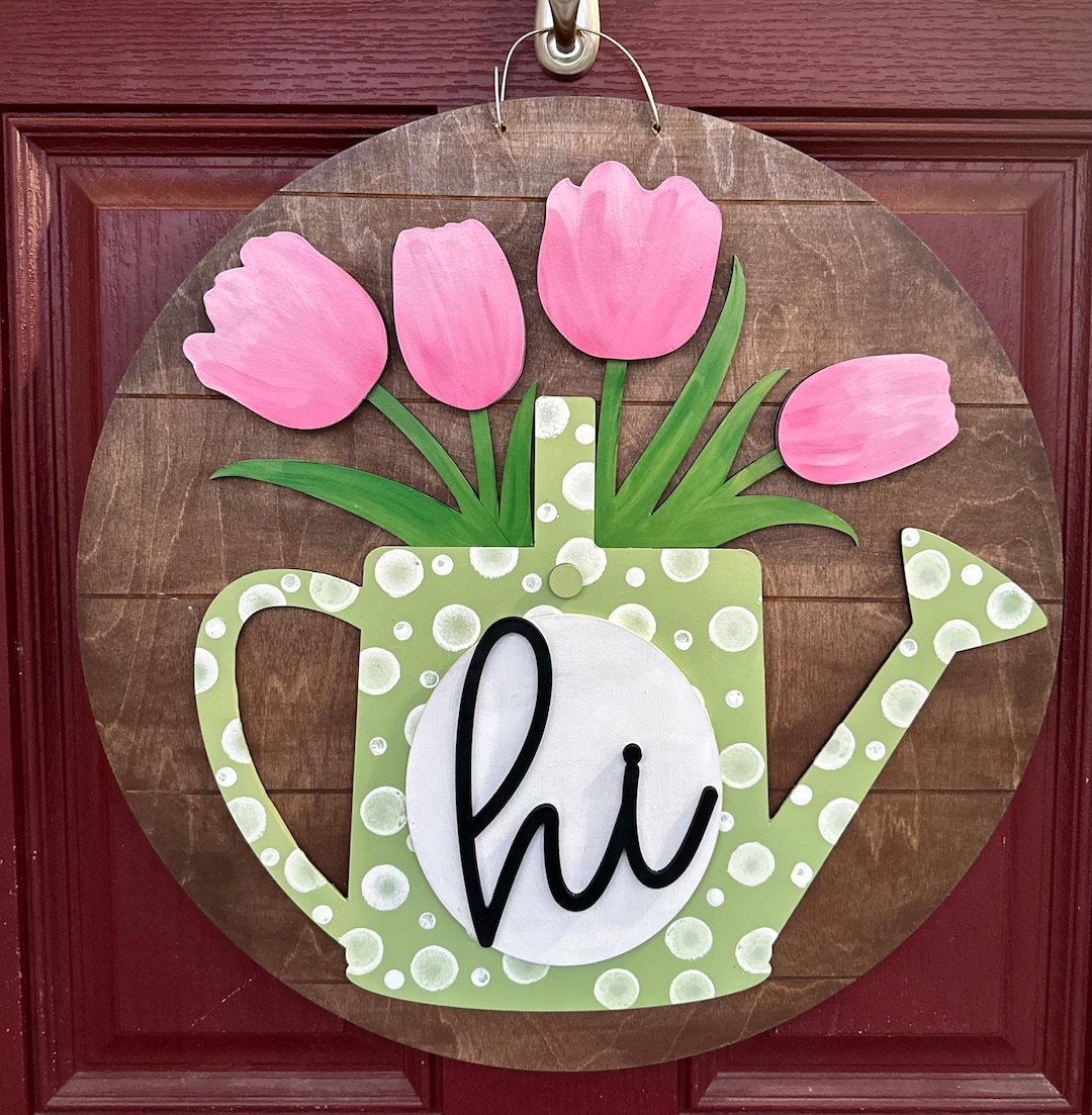 Handmade Watering Can and Tulips Door Hanger: Spring Welcome Sign - Etsy